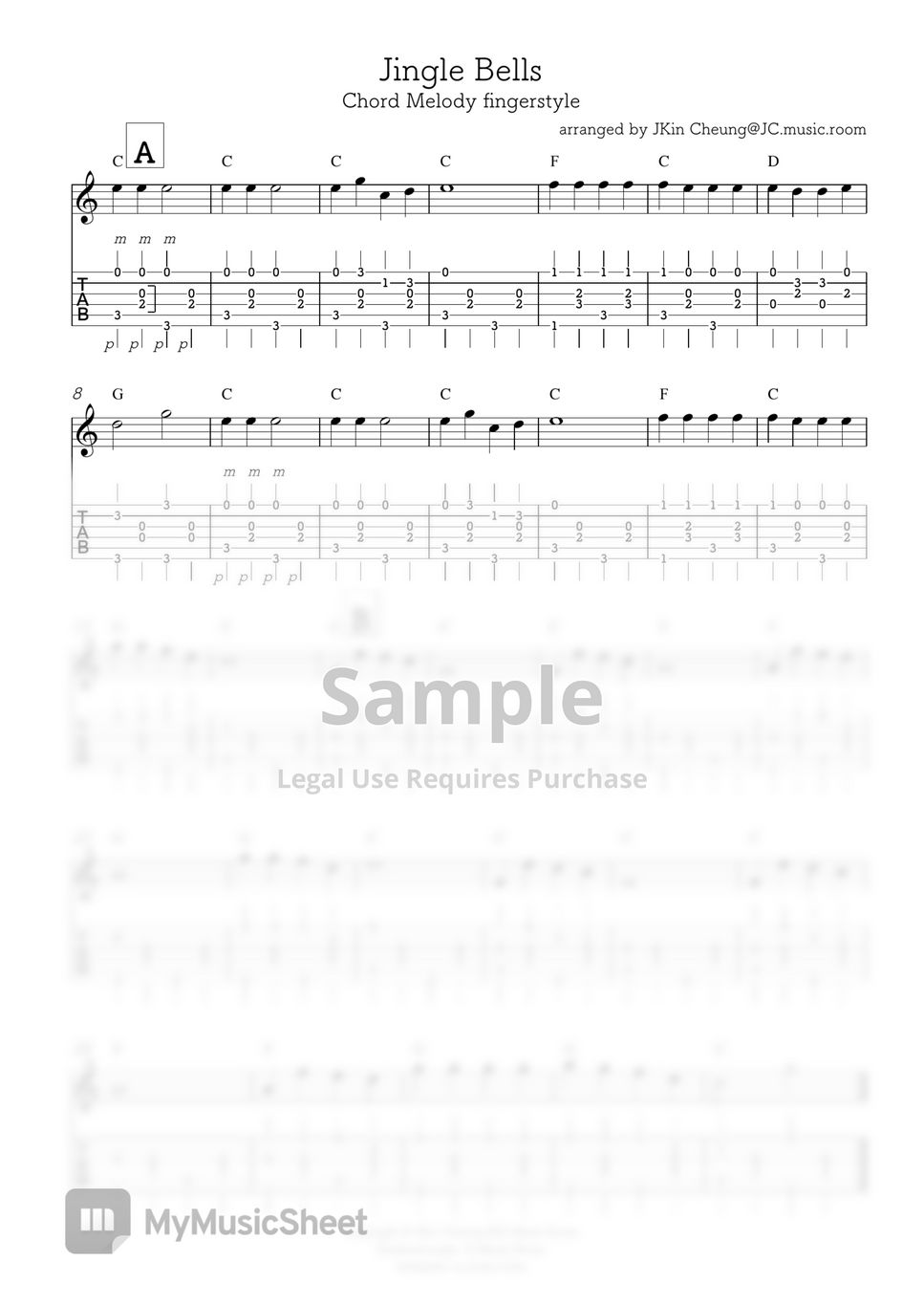 Christmas Song - Jingle Bells Tab + 1staff by JKin Cheung@JC.music.room
