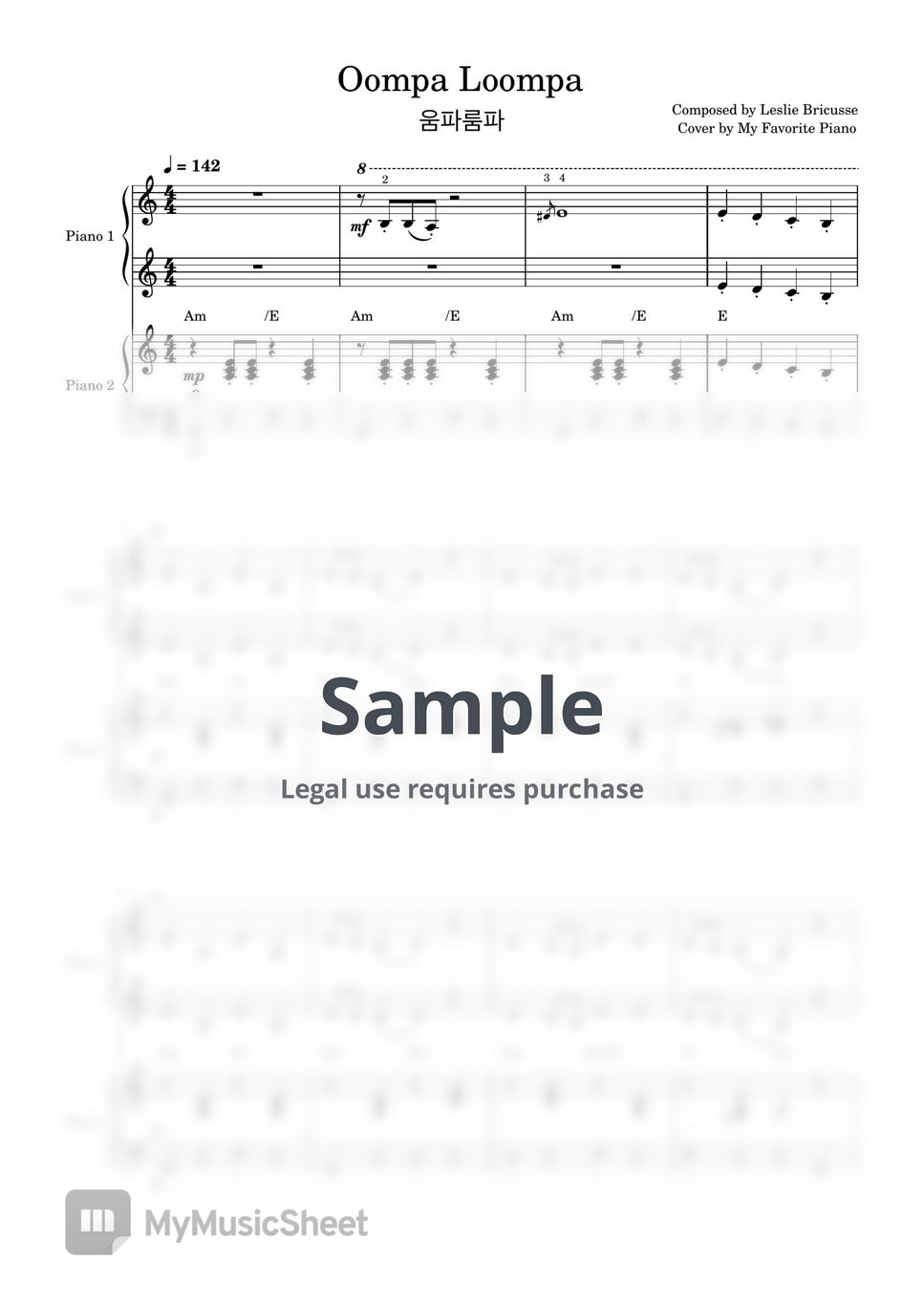 Wonka OST - Oompa Loompa (4 Hands, Easy ver.) Sheets by My Favorite Piano