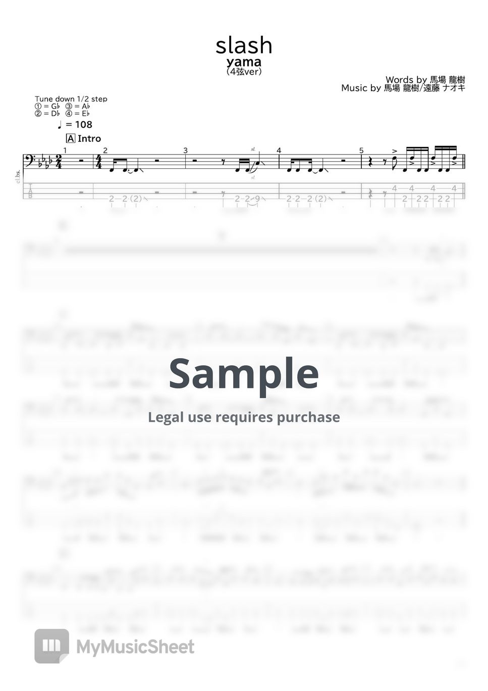yama - slash(4弦ver) TAB+1 Staff by たぶべー＠財布に優しいベース楽譜屋さん（BASS・TAB譜）
