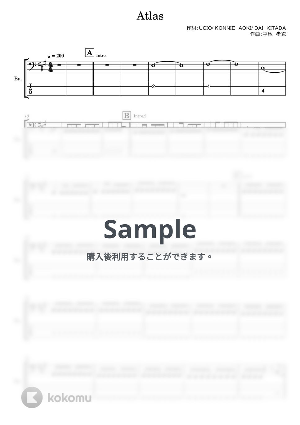 PassCode - Atlas (ベースTAB譜) タブ+五線譜 by やまさんルーム