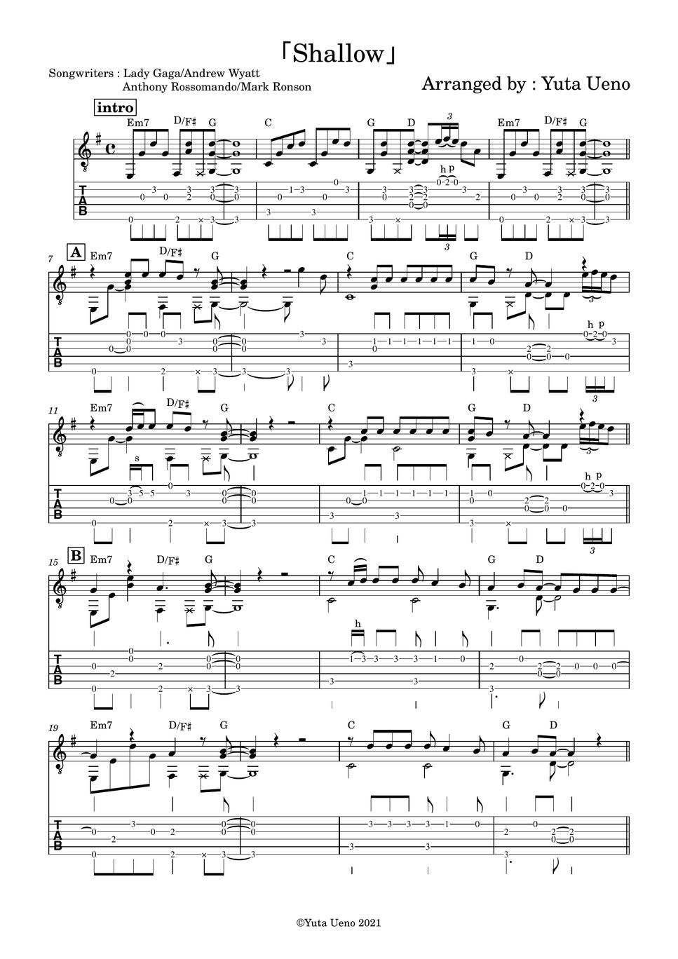 Lady Gaga - Shallow (Fingerstyle) 악보 by Yuta Ueno