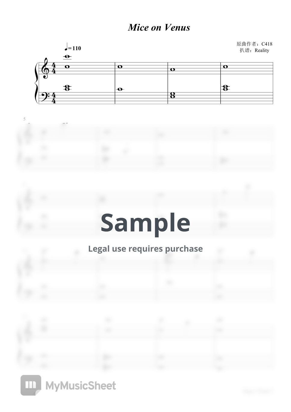 C418 - Mice on Venus (Minecraft BGM) Sheet Music by dogemusic