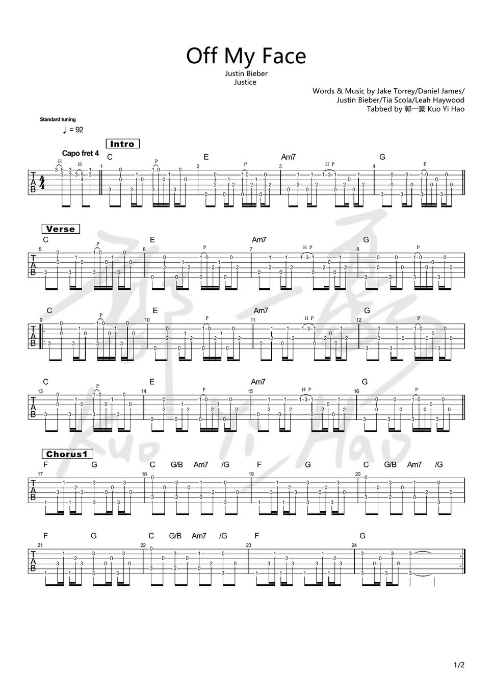 Justin Bieber - Off My Face Sheets by 郭一豪 Kuo Yi-Hao