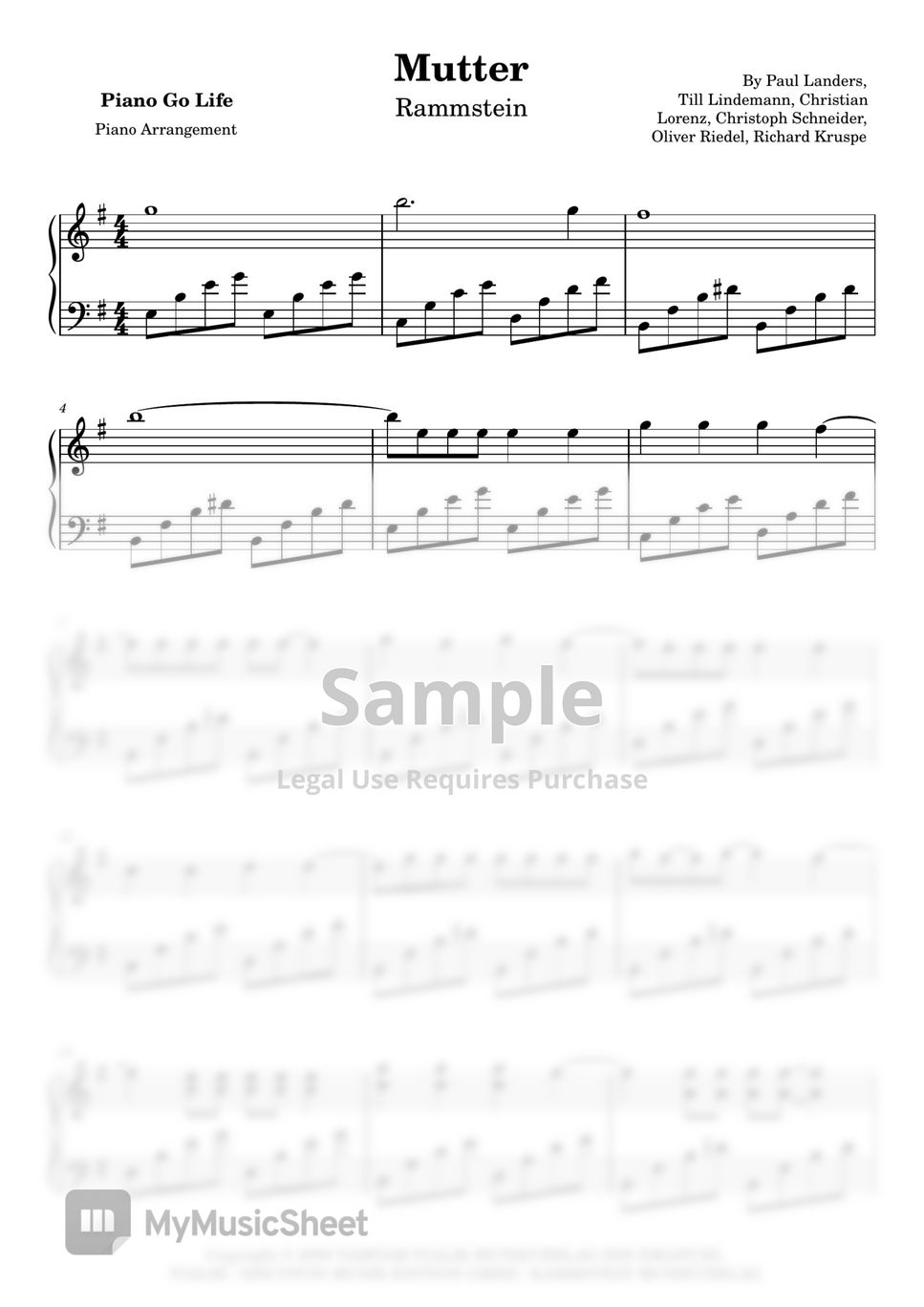 Rammstein - Mutter Sheet by Piano Go Life