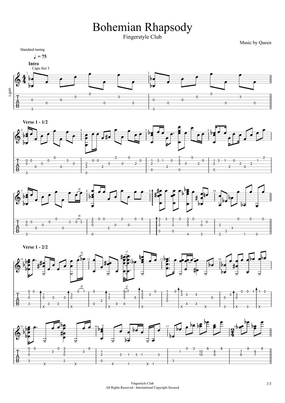 Queen - Bohemian Rhapsody Sheet by Fingerstyle Club