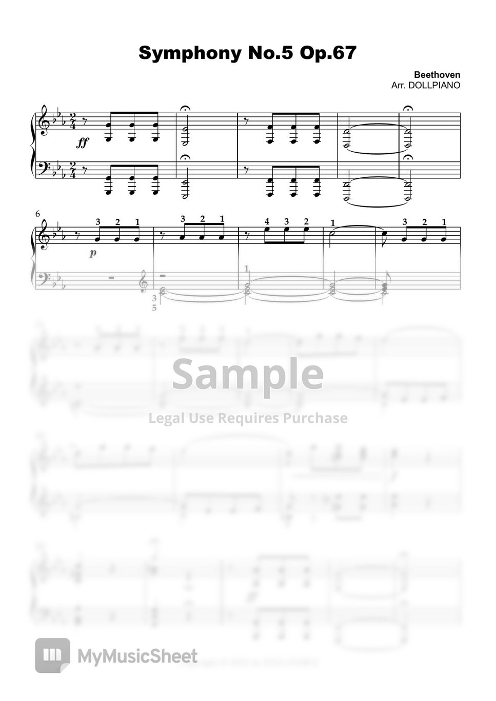 베토벤 - 운명 교향곡 (웅장한 버전, 원키 (플랫 3개)) Sheet Music by DOLLPIANO