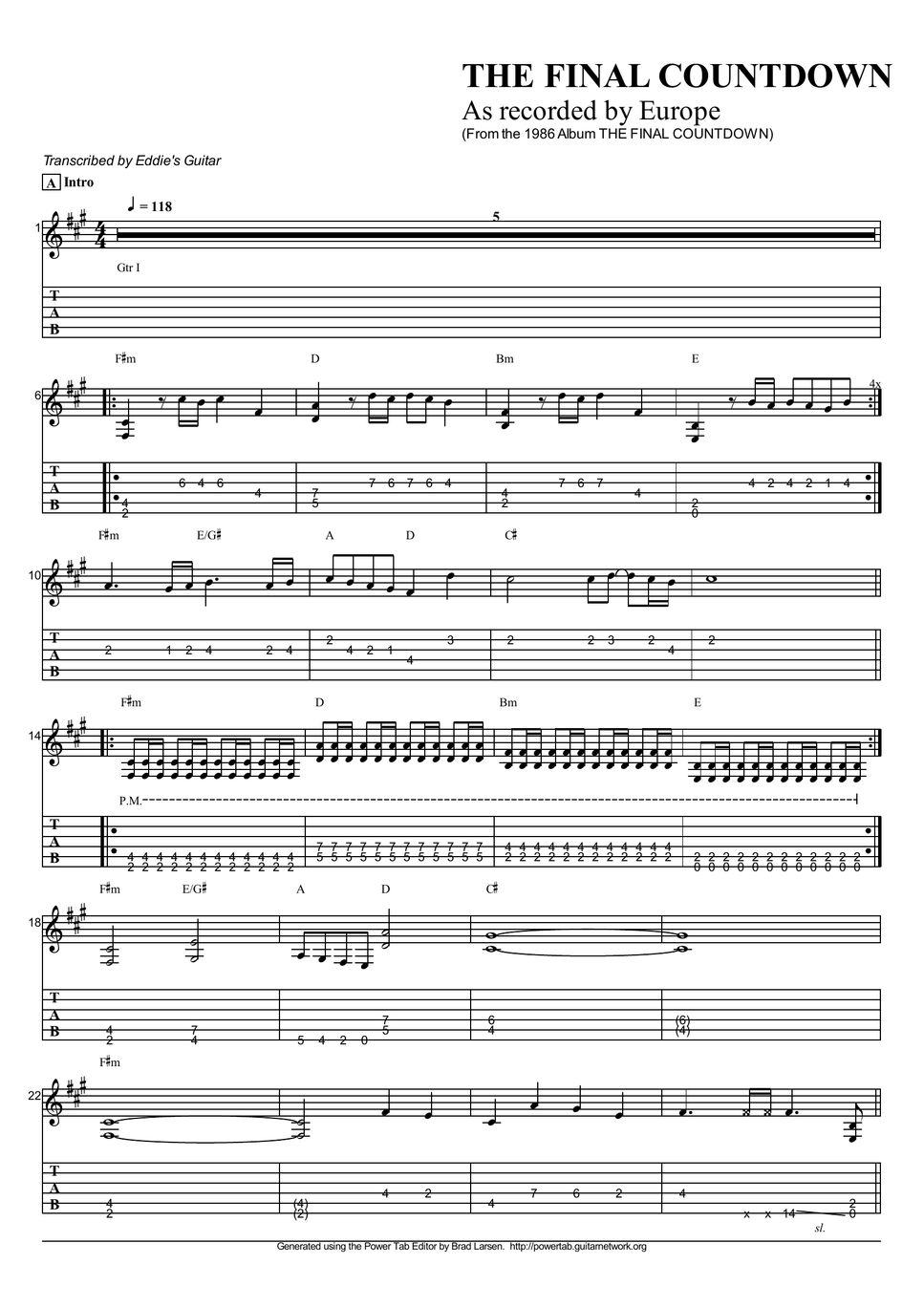 Europe - The Final Countdown Sheet by Europe