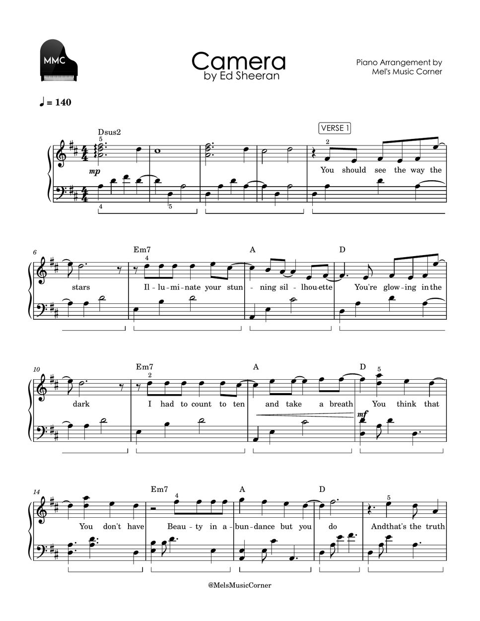 Ed Sheeran - Camera (piano sheet music) Sheet Music by Mel's Music Corner