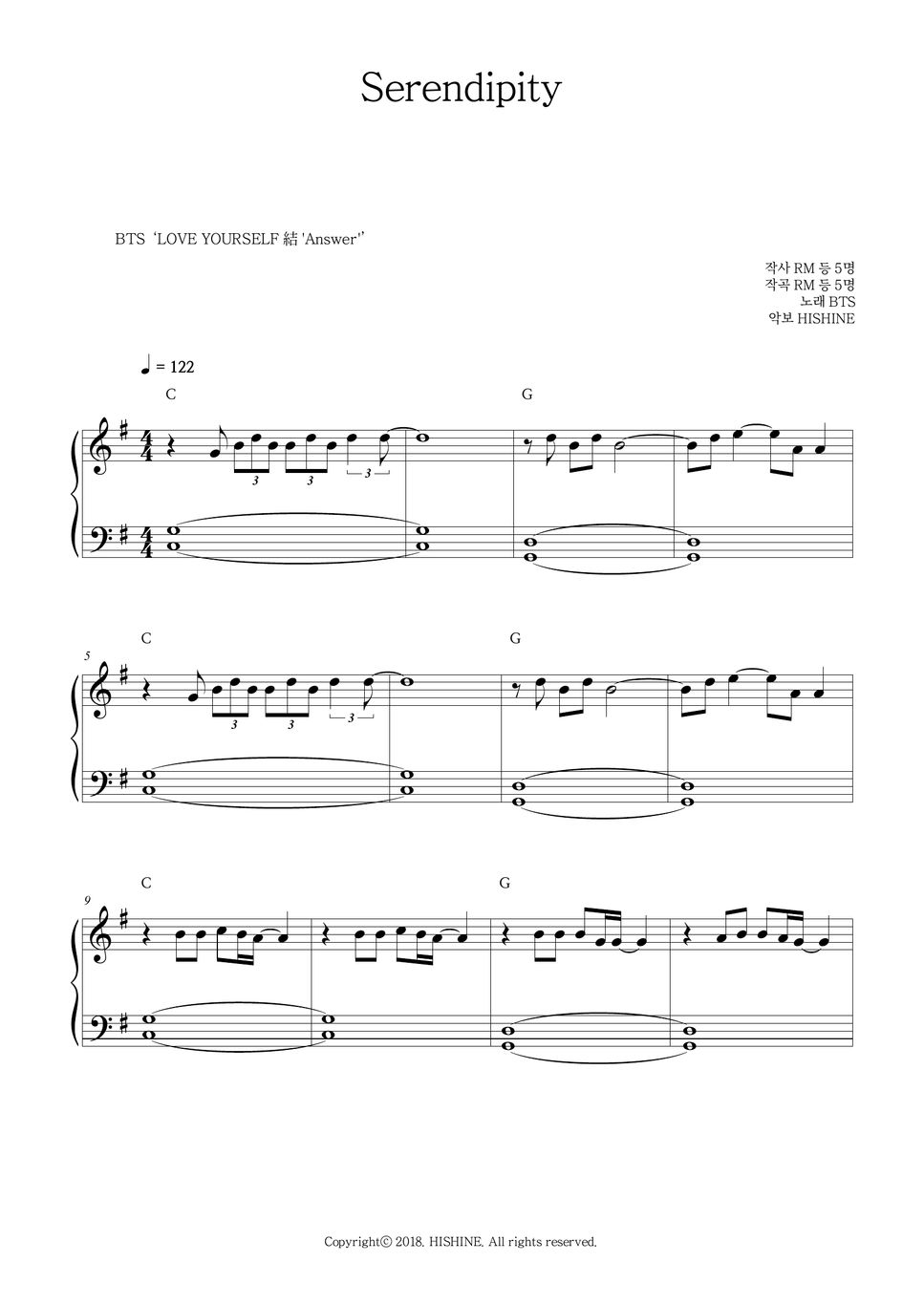 BTS JIMIN - Serendipity Easy Piano Sheet Music Sheet