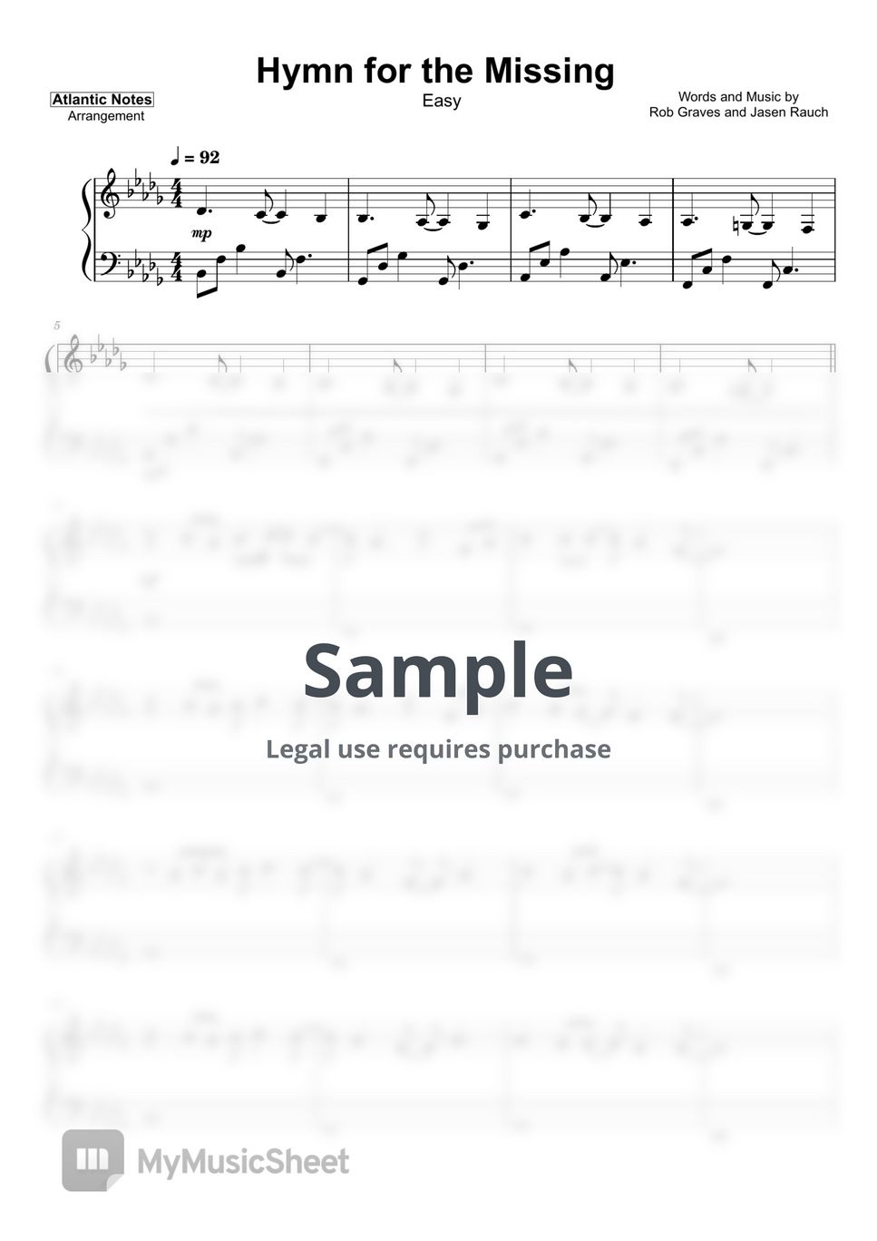 Red - Hymn for the Missing Sheet Music by Atlantic Notes