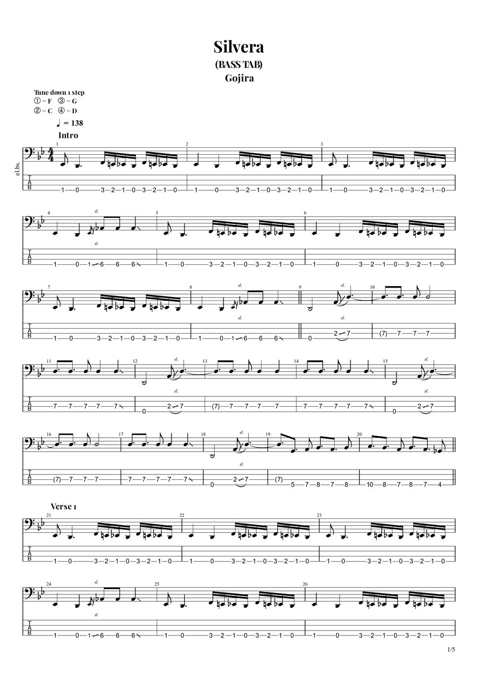 Gojira - Silvera (BASS TAB) Tab + 1staff by Um Hanwool