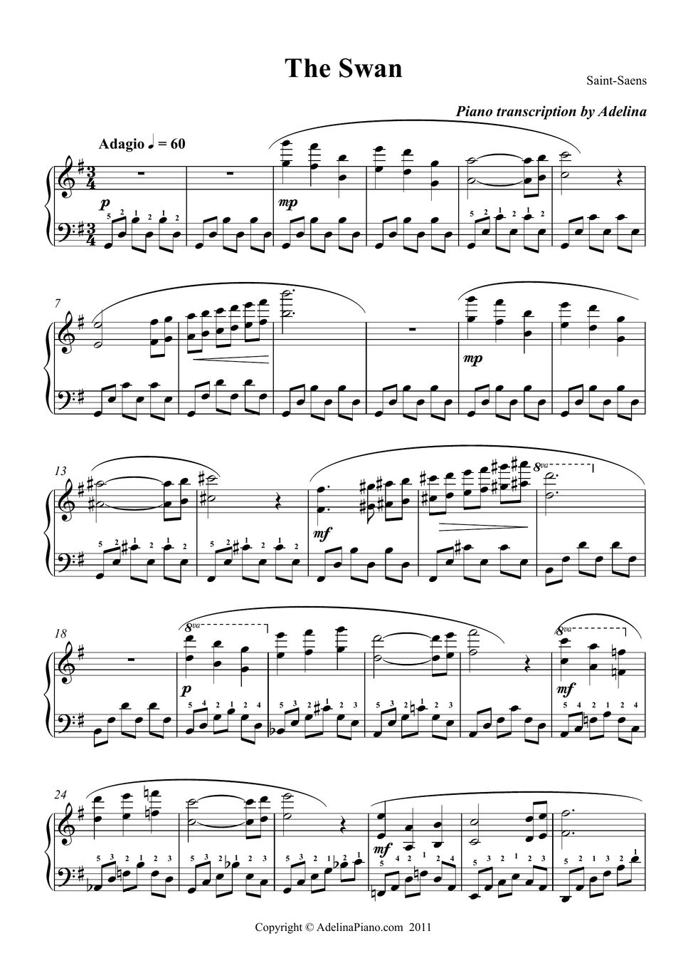 Saint-Saens - The Swan Sheets by Adelina Piano