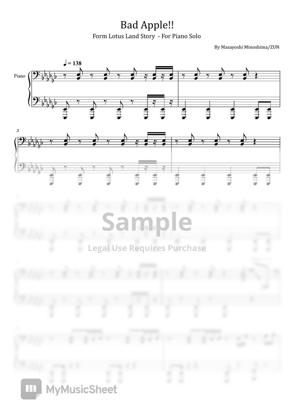 Masayoshi Minoshima/ZUN - Bad Apple (Form Lotus Land Story - For Piano Solo) Sheets by poon