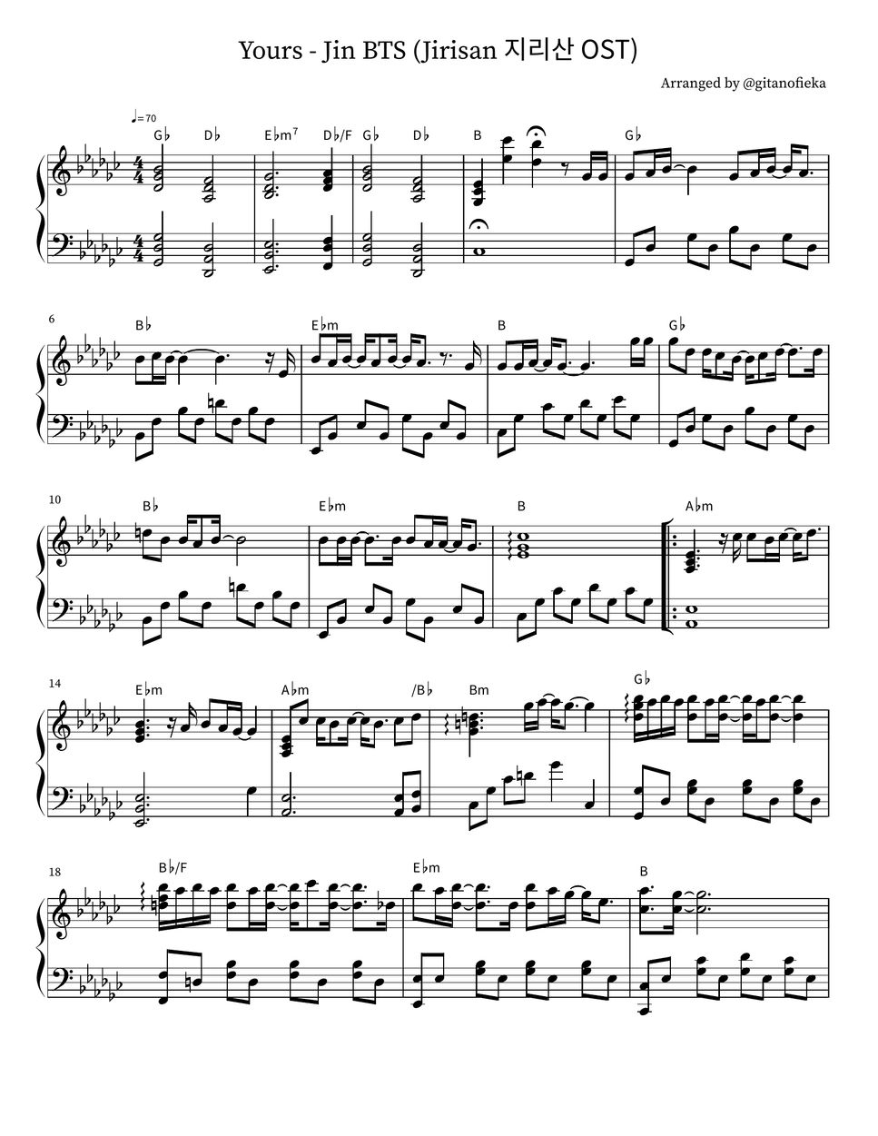 Jin BTS - Yours (Jirisan 지리산 OST) Sheets by Gita Nofieka Dwijayati