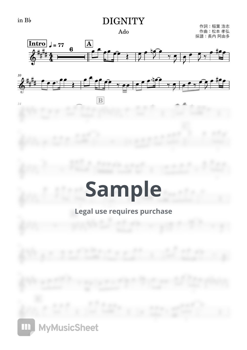 Ado - DIGNITY in B♭ Sheet Music by Ayu Saxophone & Sheet Music