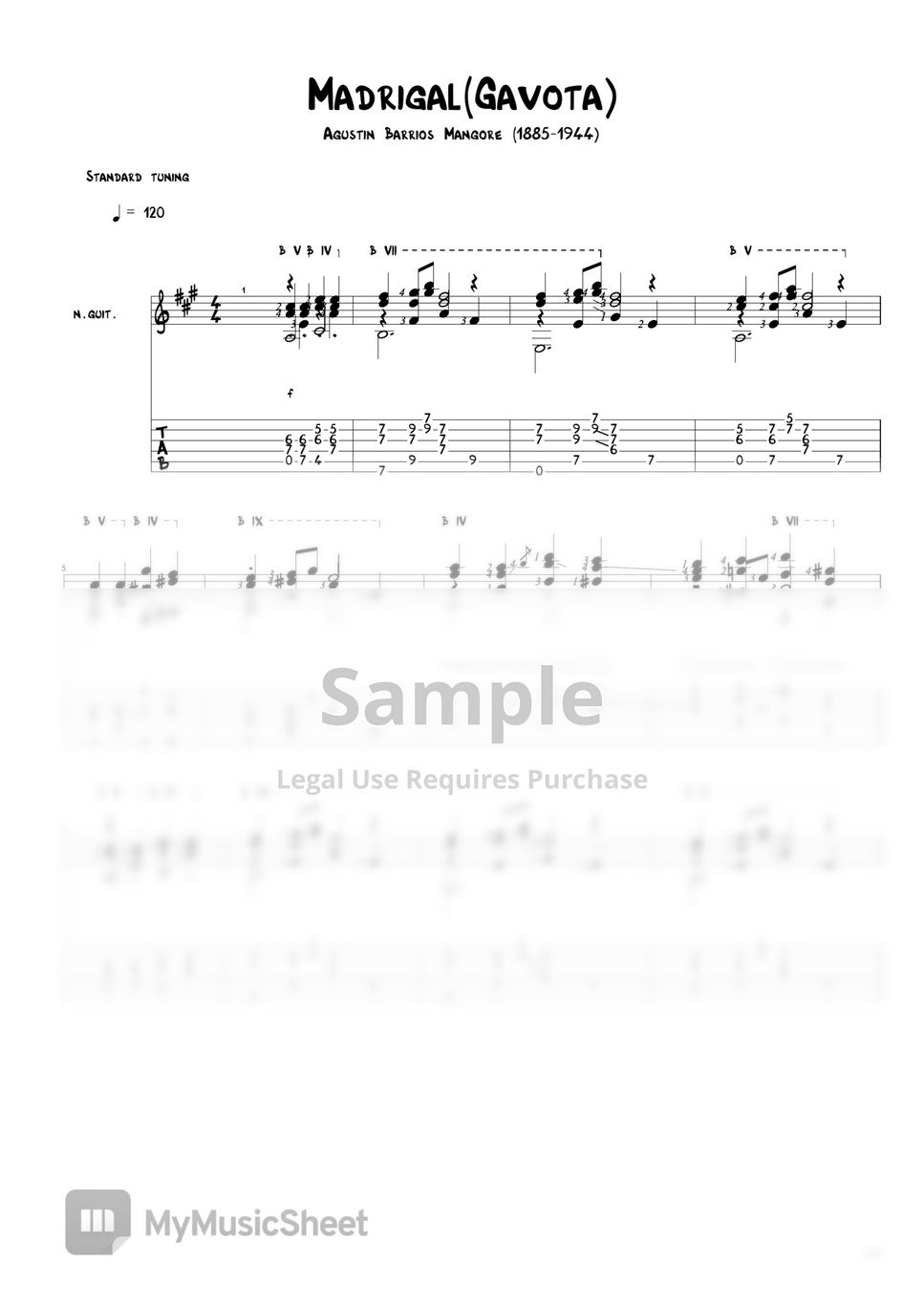 Agustin Barrios Mangore - Madrigal(Gavota) Tab + 1staff by Agape Guitar