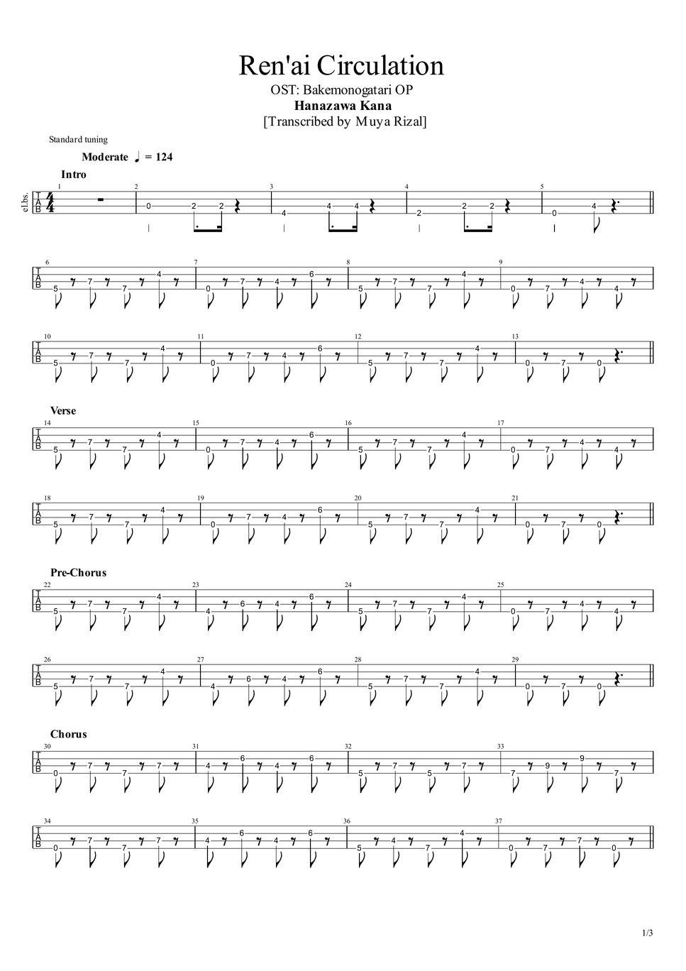 Hanazawa Kana - Ren'ai Circulation (Bass TAB) Sheet Music by Muya