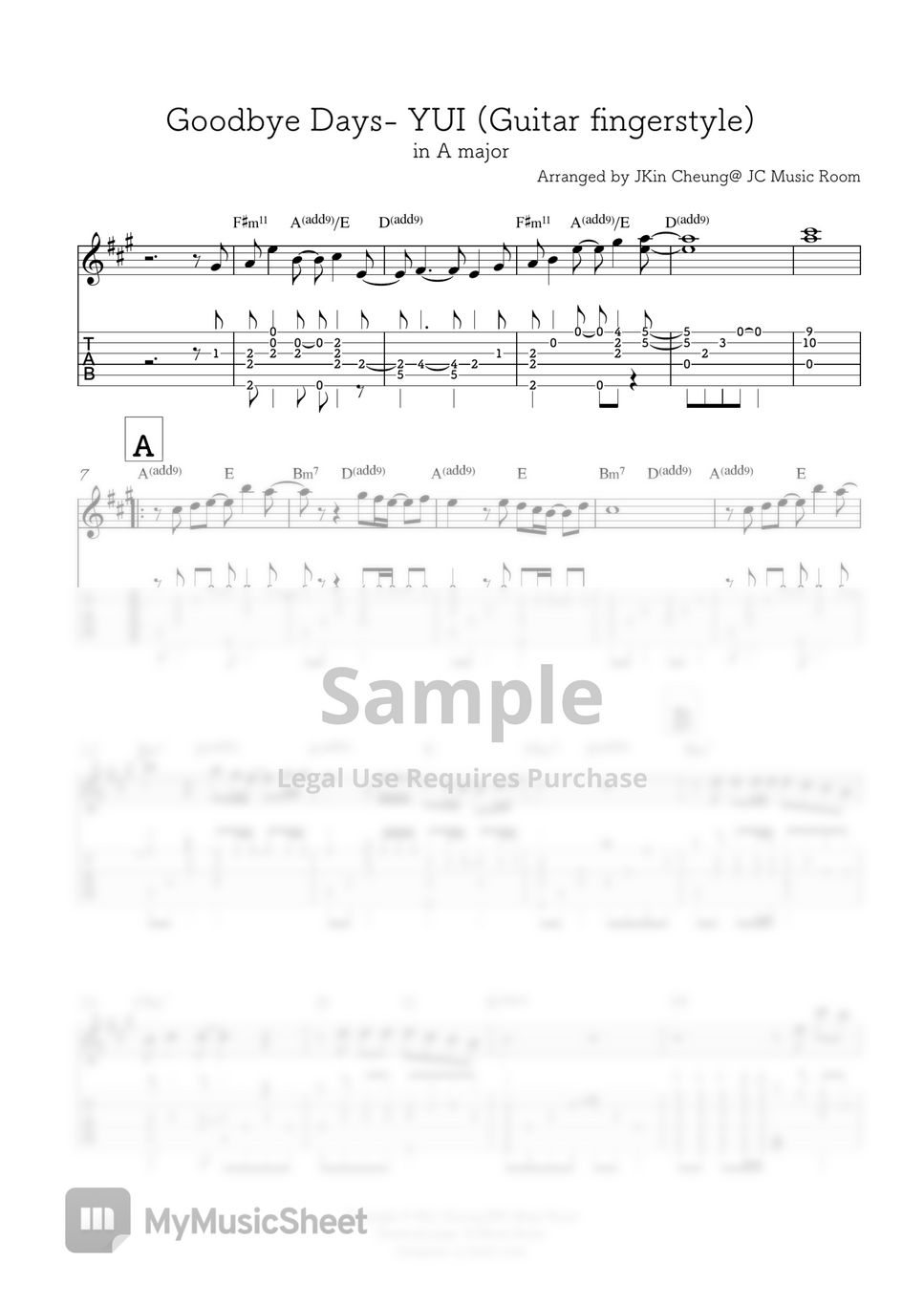 YUI - Good-bye Days (Guitar Fingerstyle) Sheets by JKin Cheung@ jc ...