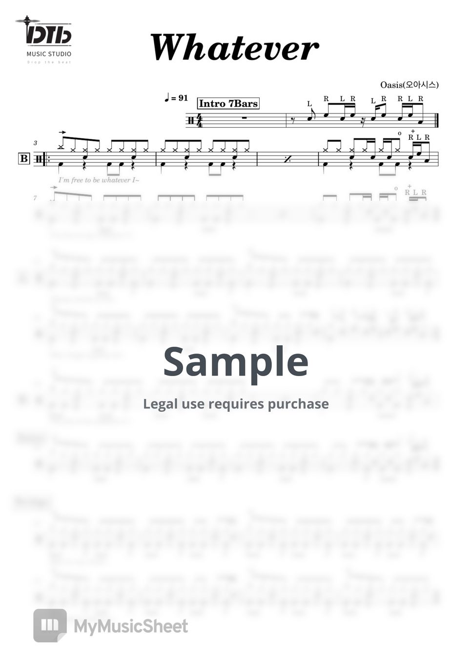 Oasis(오아시스) - Whatever Sheets by 디티비드럼전문학원