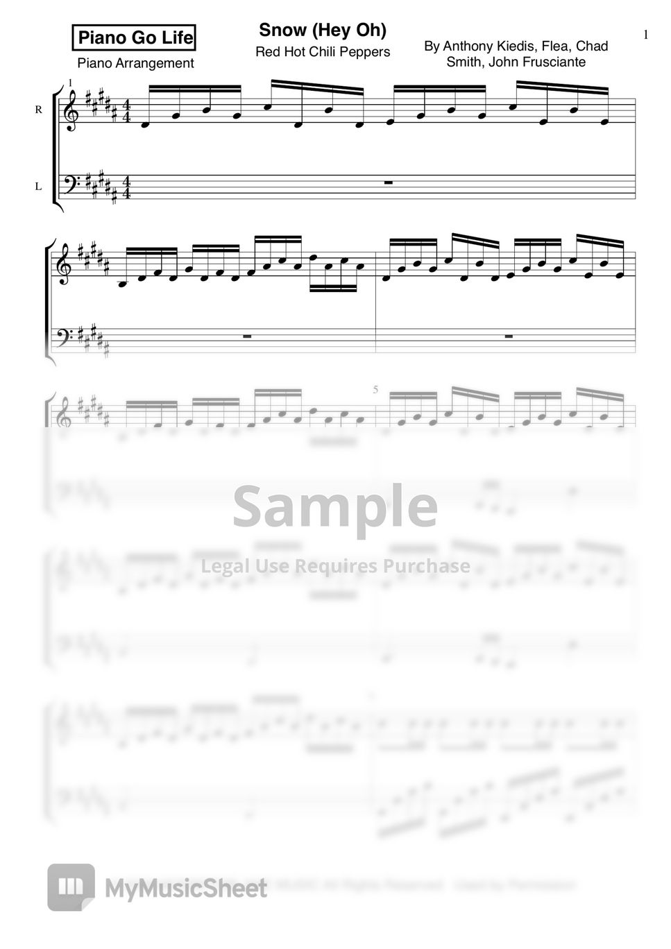 Red Hot Chili Peppers - Snow (hey Oh) Sheet by Piano Go Life