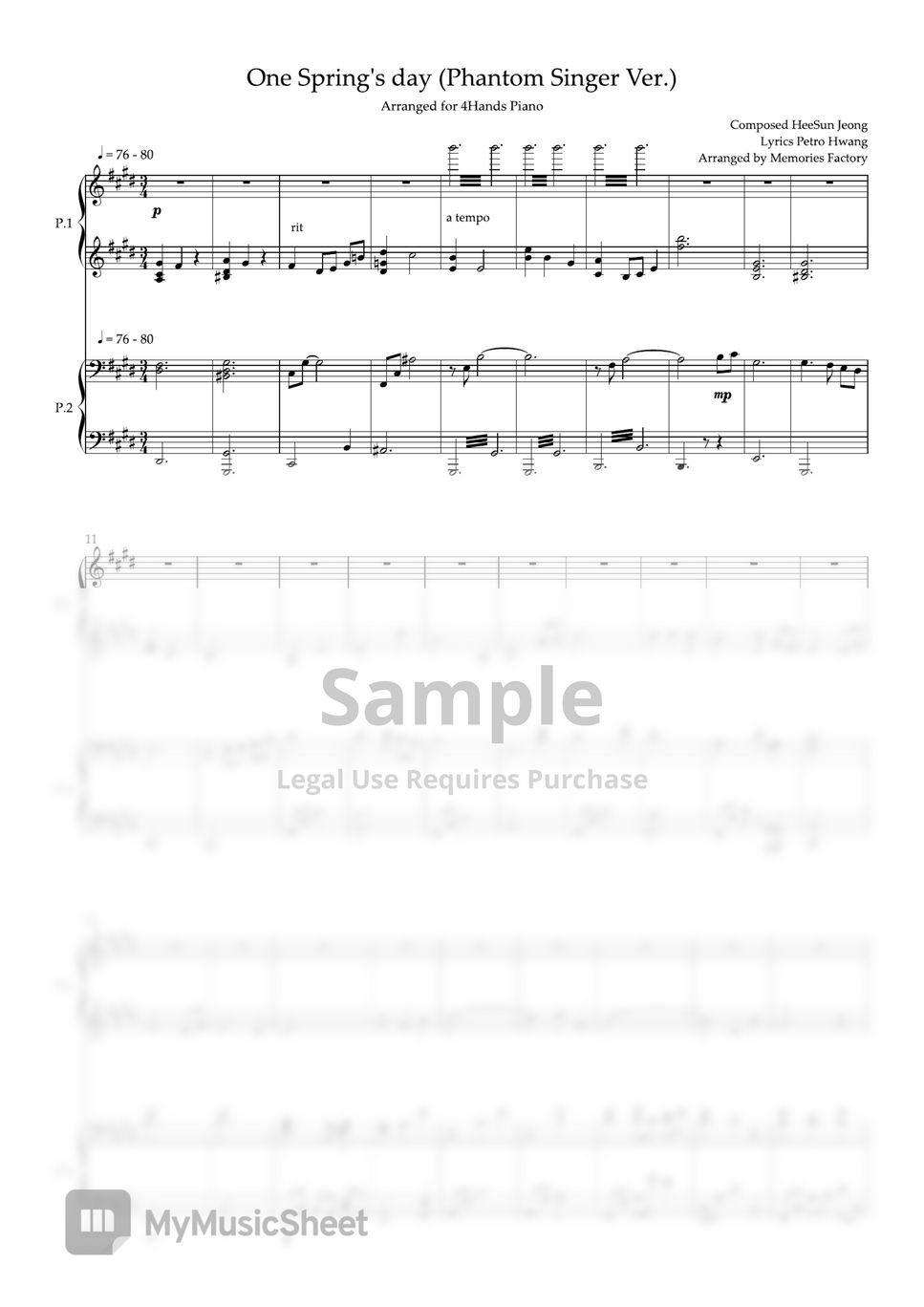Phantom Singer - One Spring Day (4Hands) Sheet Music by Memories Factory