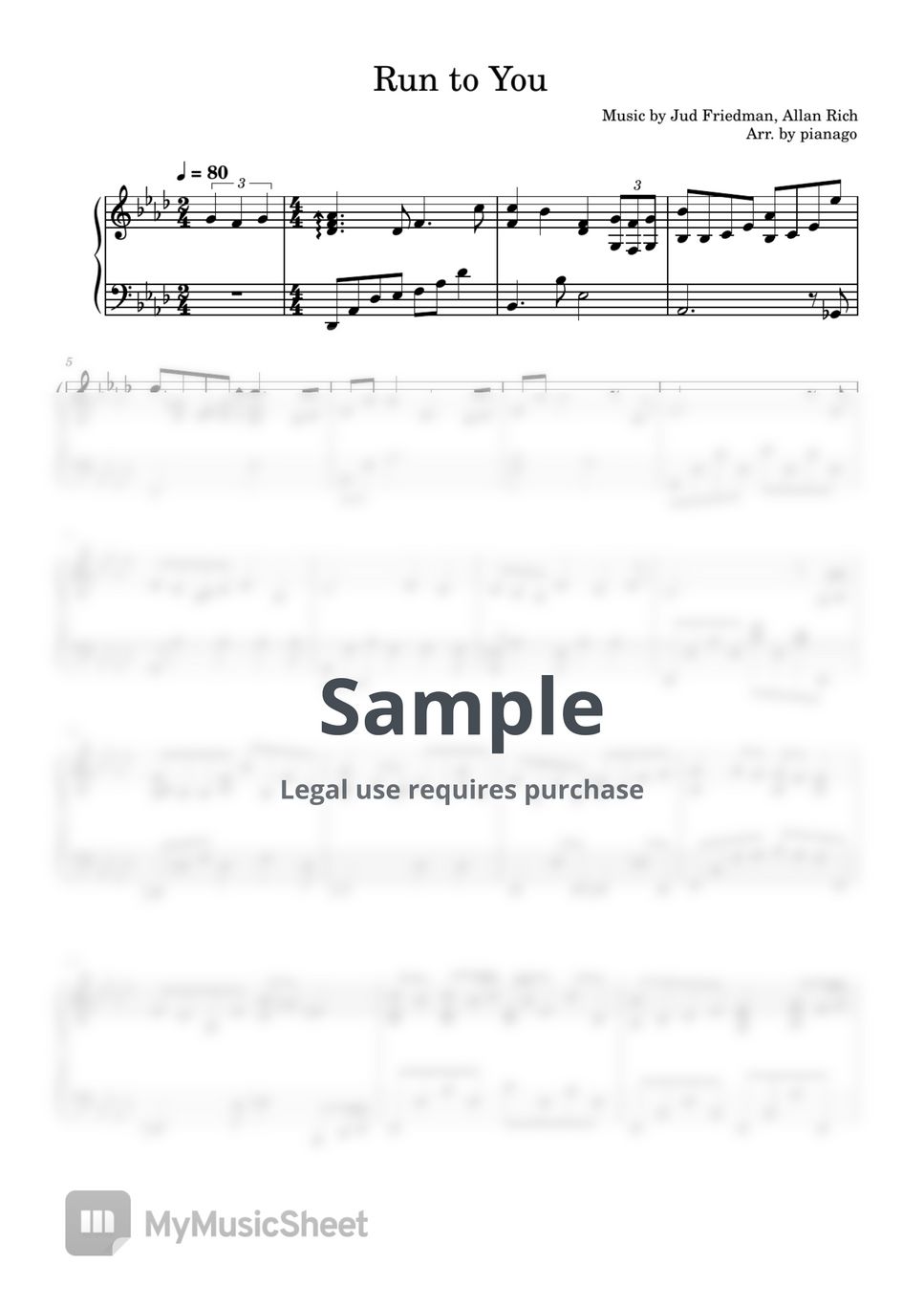 Whitney Houston - Run to You 악보 by pianago