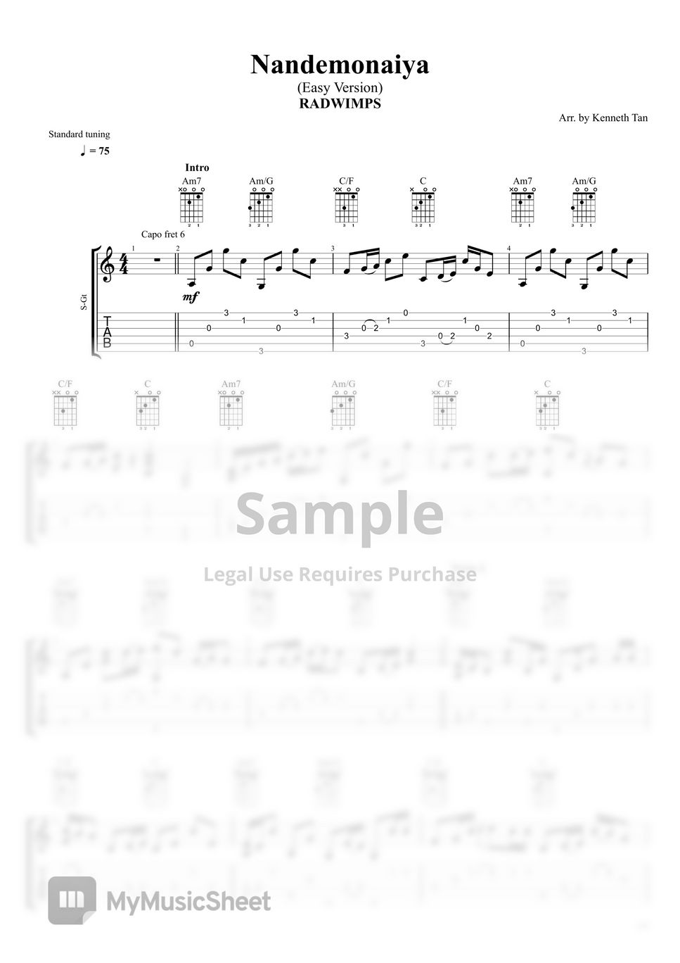 RADWIMPS | Fingerstyle Guitar - Nandemonaiya (Easy Version) Partitura by Kenneth Acoustic