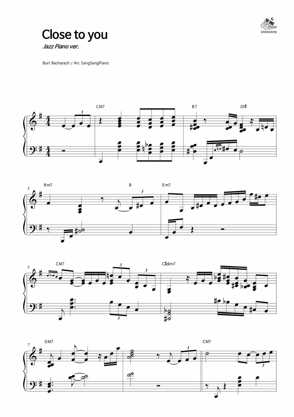 Burt Bacharach - Close to you (재즈 ver.) 악보 by SangSangPiano