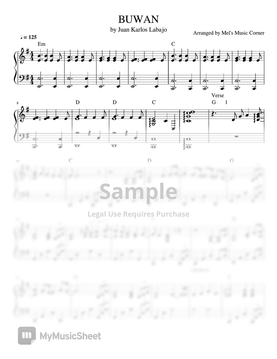 Juan Karlos - Buwan (piano sheet music) Sheets by Mel's Music Corner