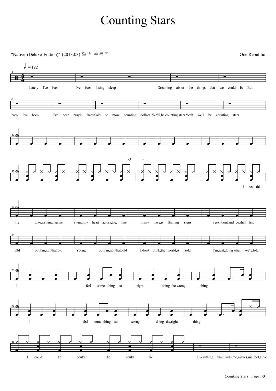 Counting Stars - One Republic Sheet by COPYDRUM