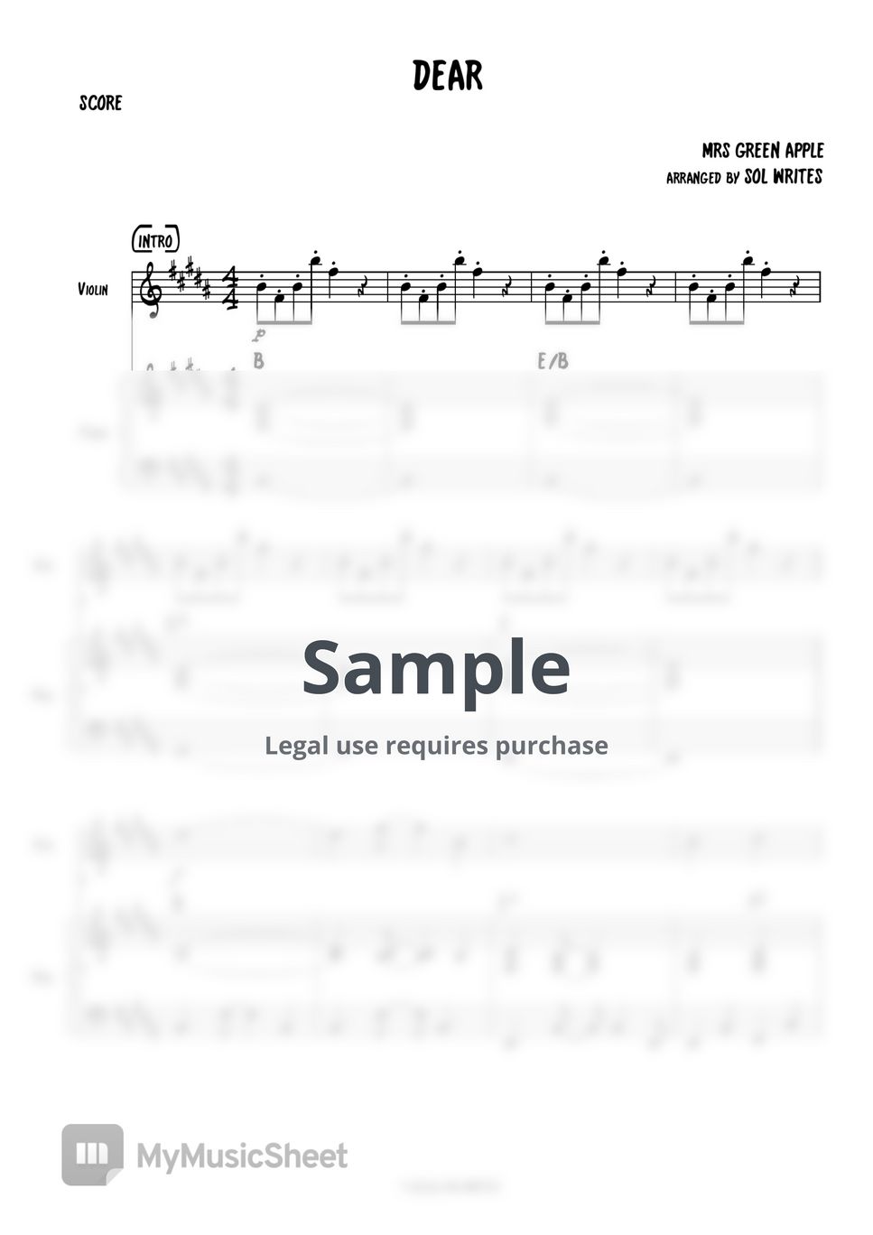 MRS GREEN APPLE - Dear (Violin & Piano Duet w/chords) Bản nhạc by Sol ...