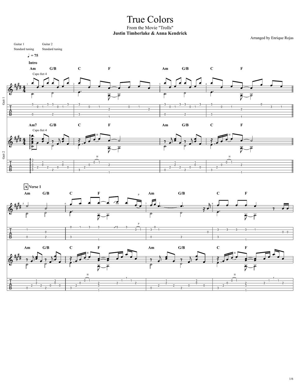 Justin Timberlake and Anna Kendrick - True Colors from the Movie "Trolls" (Fingerstyle Guit ...