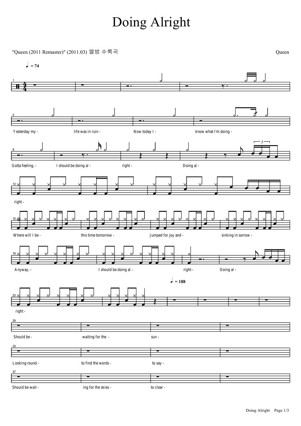Queen - Doing Alright Sheet by COPYDRUM