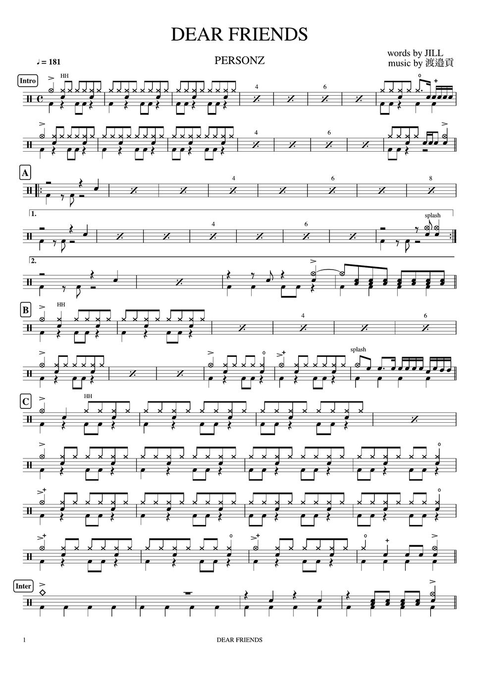PERSONZ - DEAR FRIENDS 악보 by Cookai's J-pop Drum sheet music!!!