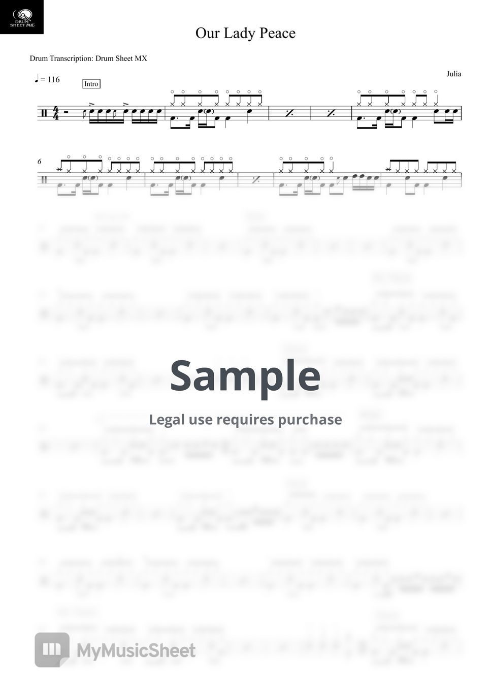 Our Lady Peace - Julia Sheet Music by Drum Transcription: Drum Sheet MX