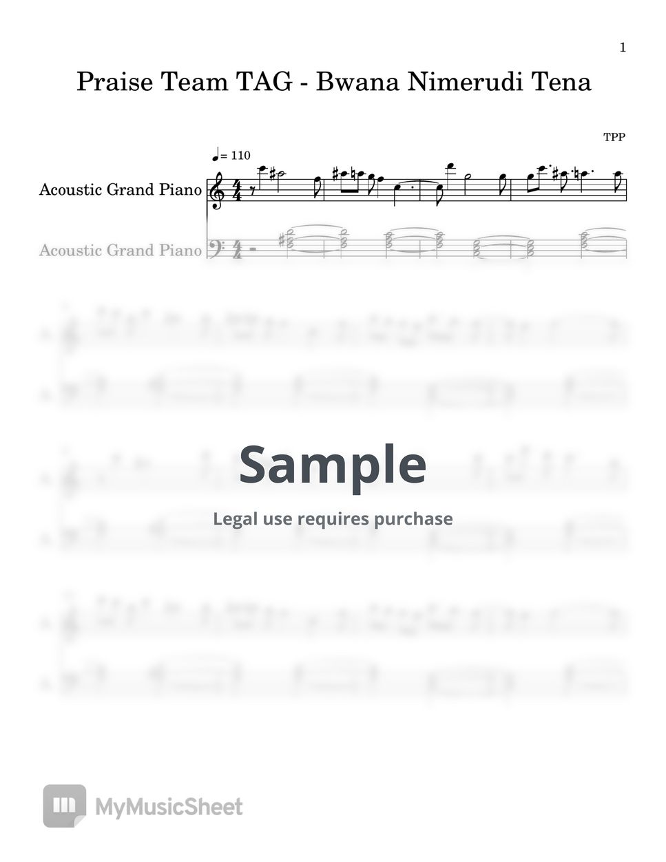 Praise Team TAG - Bwana Nimerudi Tena (PIANO SHEET) Sheets by TPP