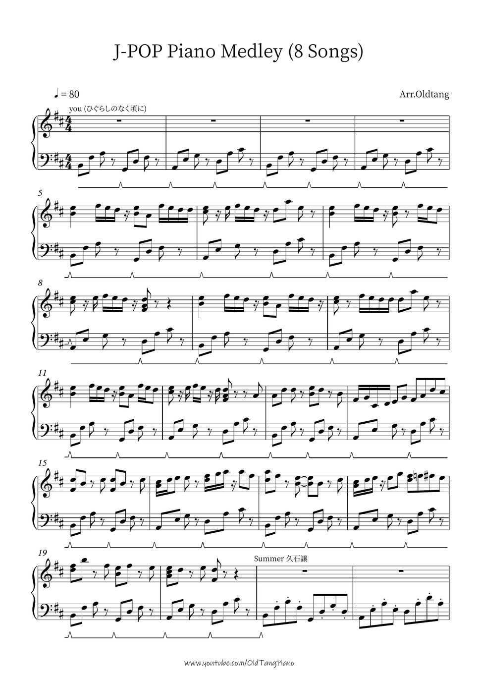 various artist - J-POP Piano Medley - (8 Songs) Partitura by Oldtang