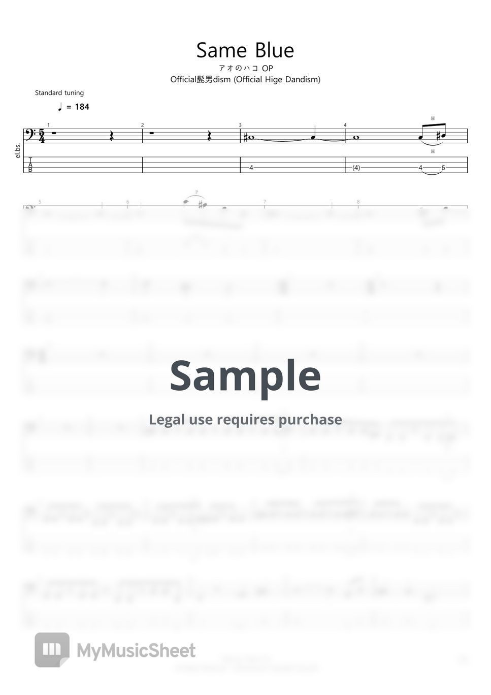 Official髭男dism - Same Blue (アオのハコ OP / Bass 4string ver) Tab + 단선 악보 by Zzero Gu