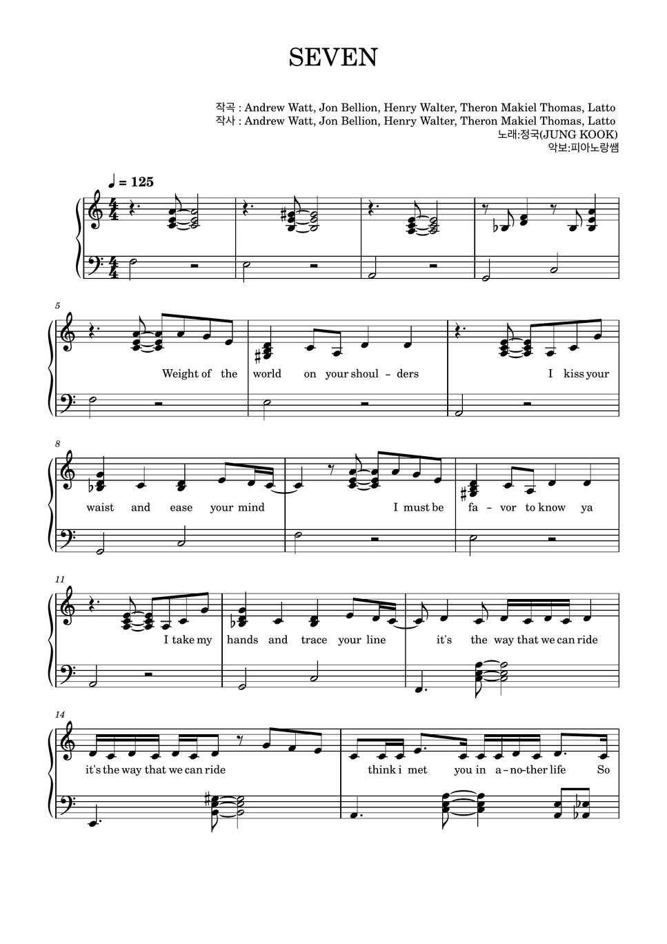 정국 Jung Kook - 세븐 Seven (1절만) Sheets by 피아노랑쌤