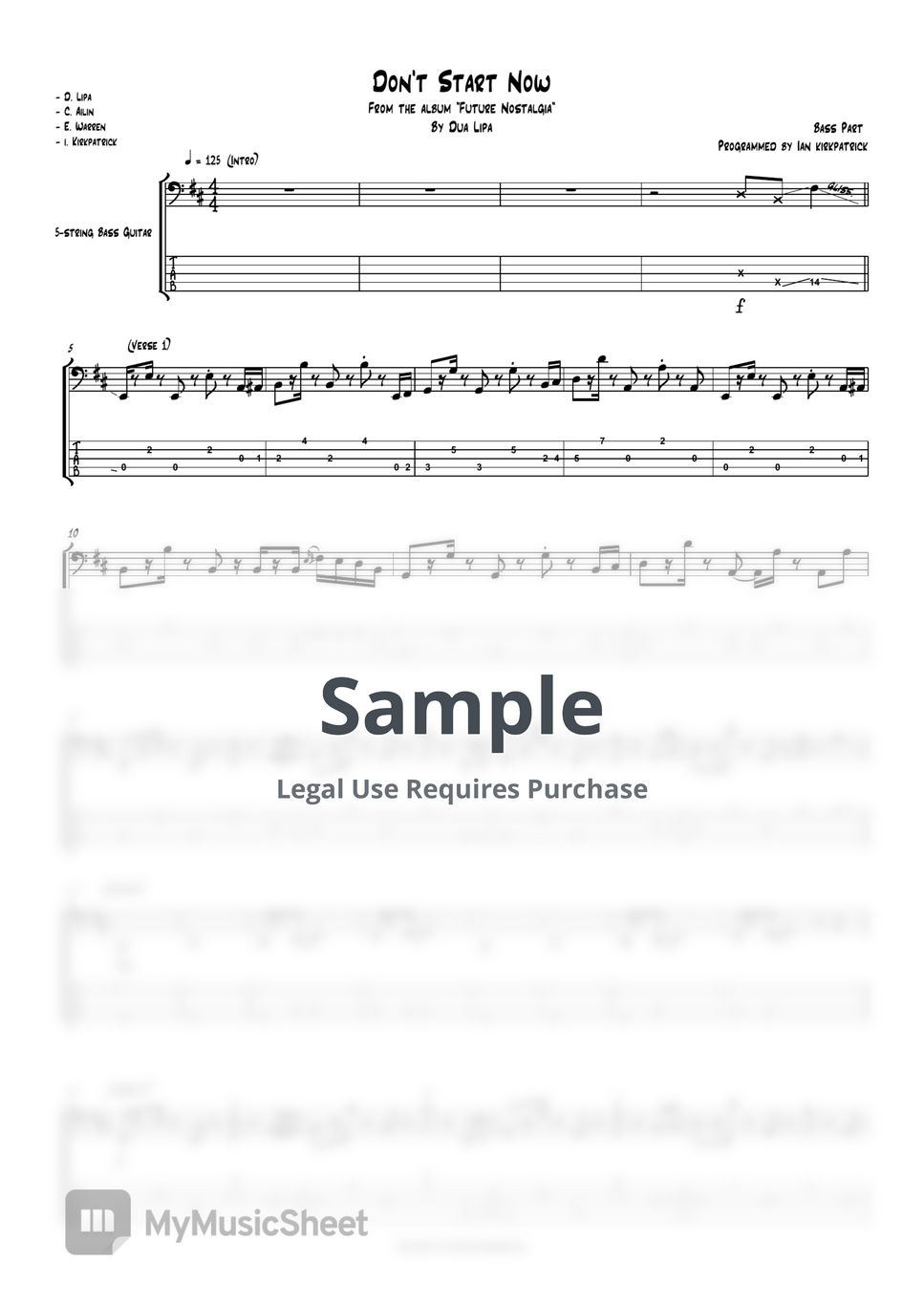 Dua Lipa - Don't Start Now Tab + 단선 악보 by GrooveTubeBass