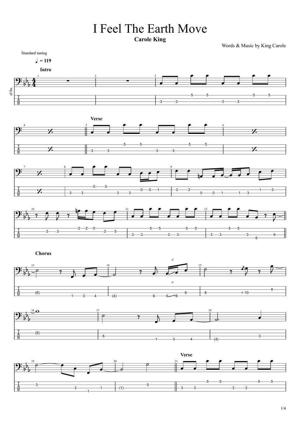 Carole King - I Feel The Earth Move タブ + 五線譜 by まっきん