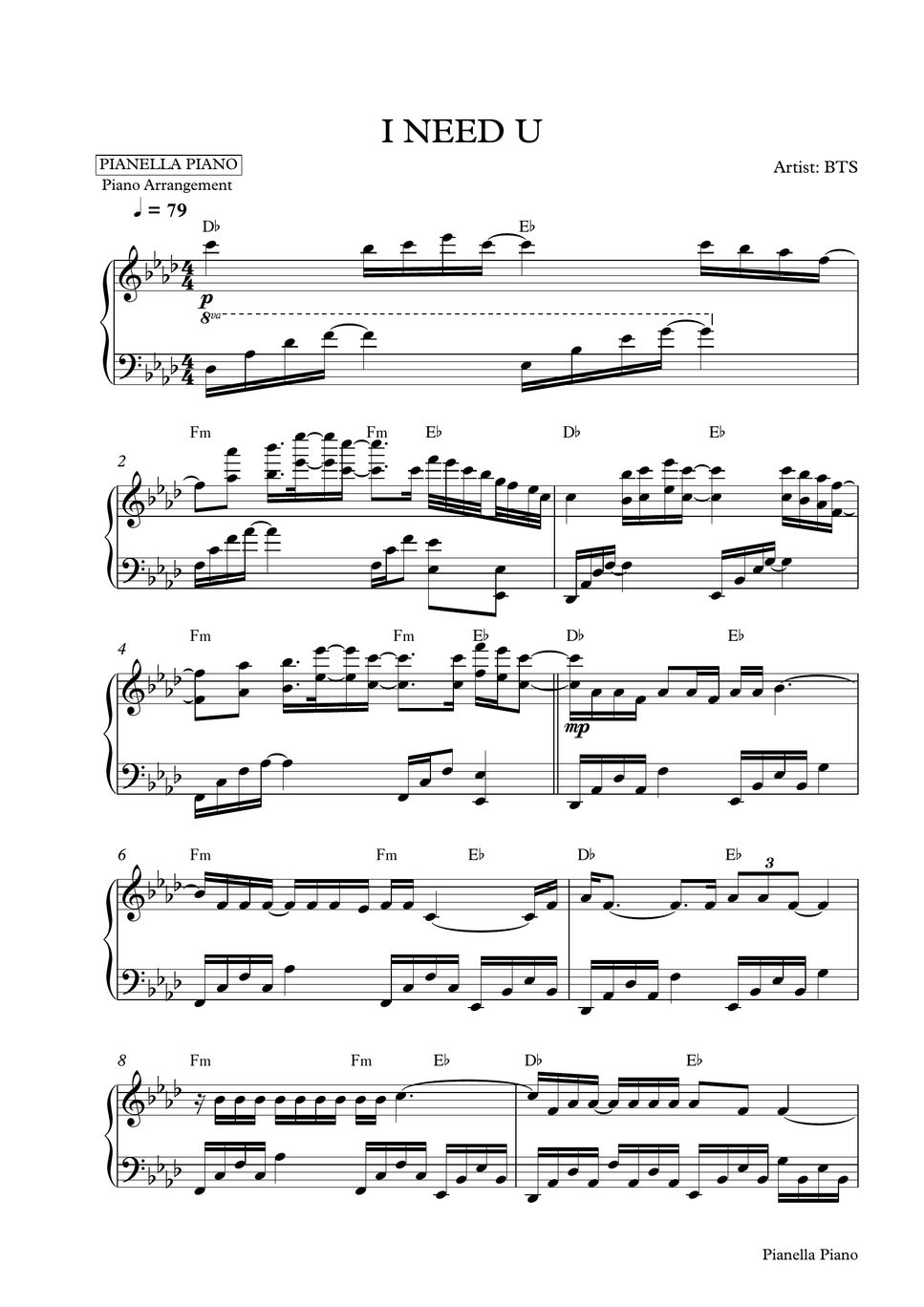 BTS - I NEED U (Piano Sheet) Sheets by Pianella Piano