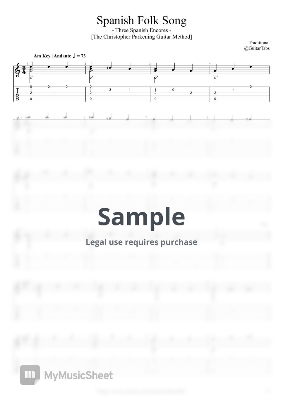 Traditional - Spanish Folk Song (오선+타브+운지(Staff+TAB+Fingering)) Tab ...