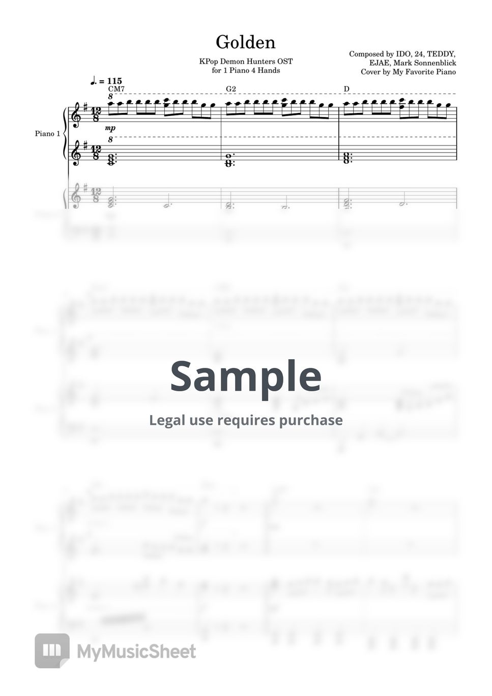 HUNTR/X - Golden (KPop Demon Hunters OST) (4 Hands, Normal ver.) Sheet Music by My Favorite Piano