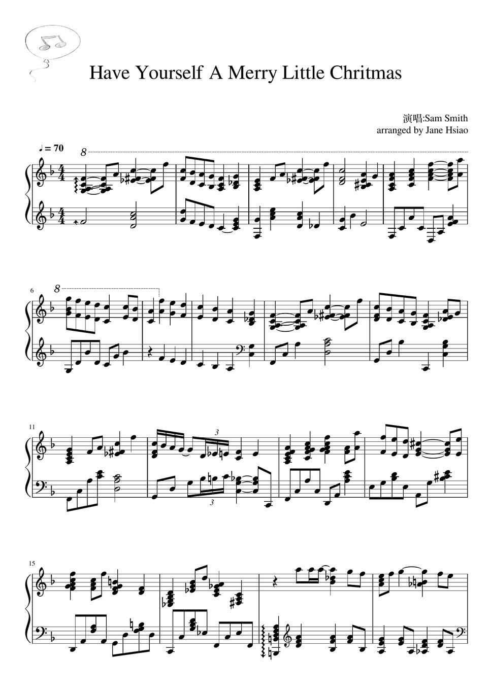 Sam Smith - Have Yourself A Merry Little Christmas 楽譜 by Jane Hsiao