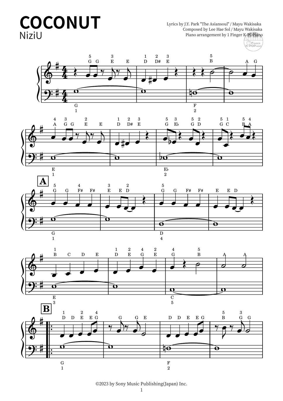 NiziU - COCONUT (英語CDEふりがな付き) 楽譜 by かんたんピアノ ♪ 1 Finger K-POPiano