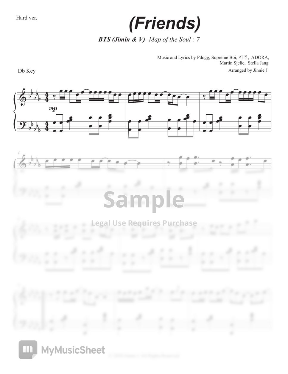 BTS (방탄소년단) - Friends (친구) (Db, C key) 악보 by Jinnie J