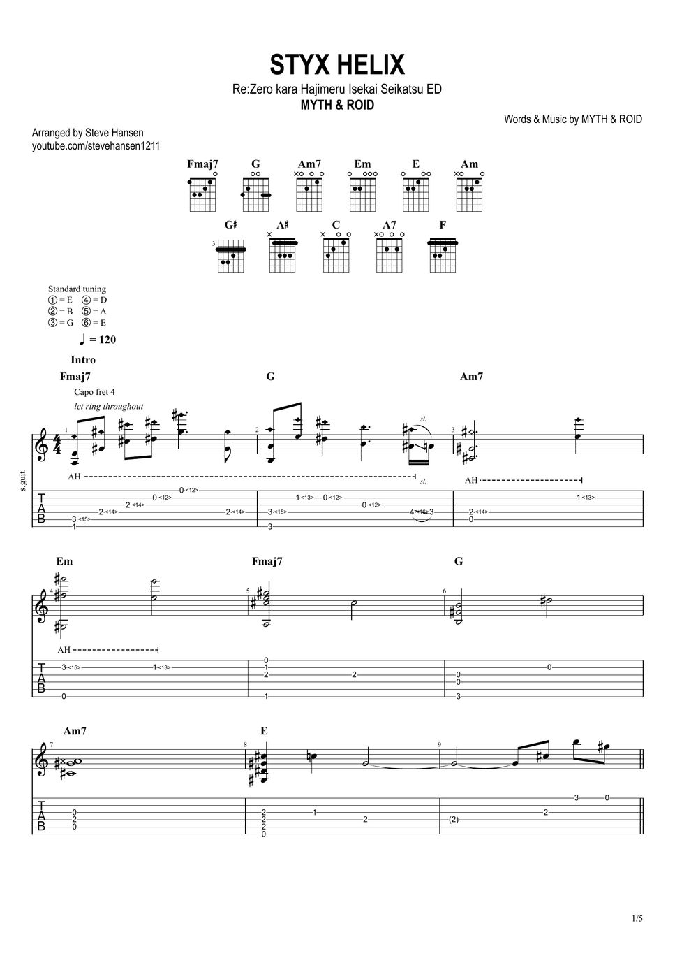 MYTH & ROID - STYX HELIX (From "Re:Zero") (Fingerstyle) TAB by Steve Hansen