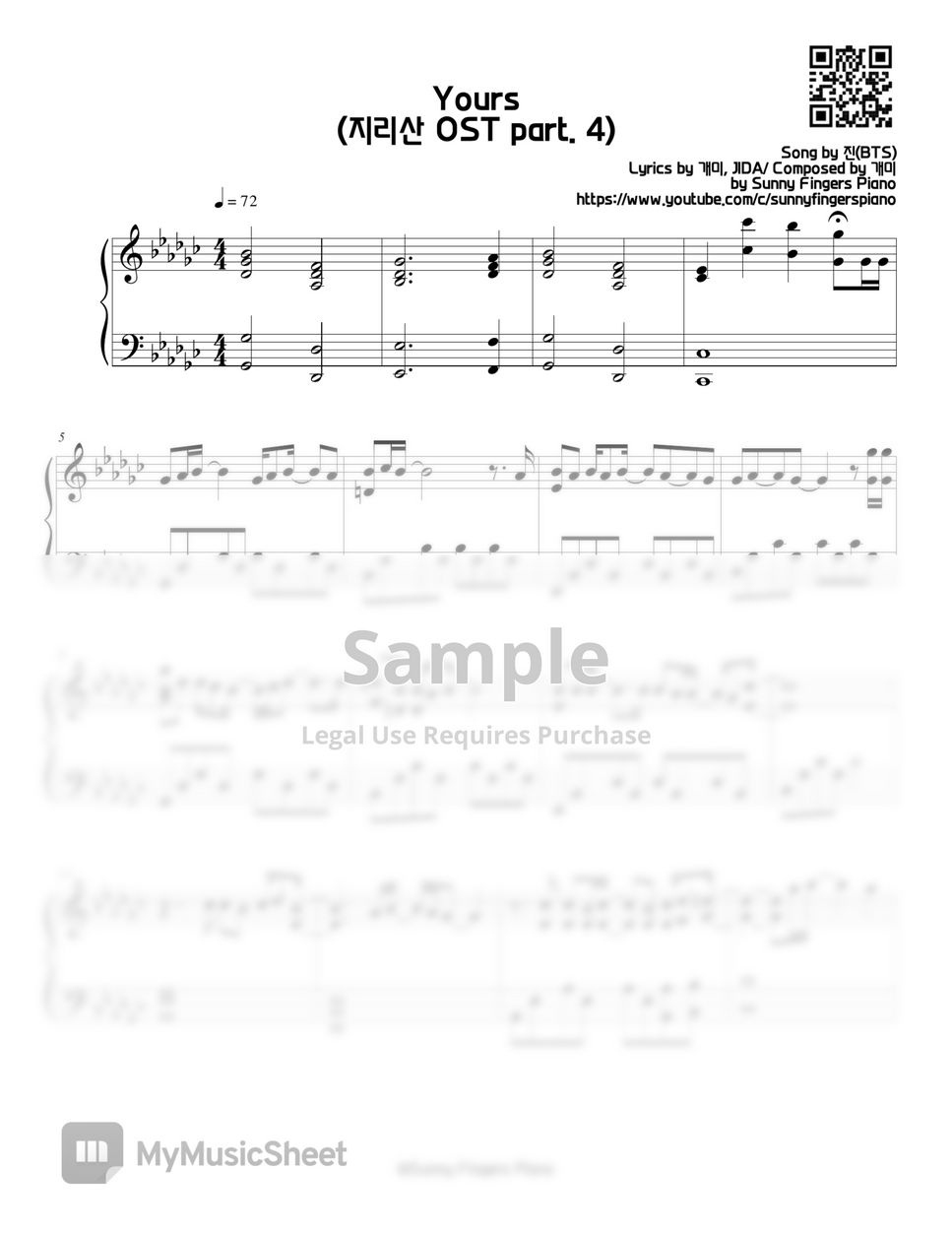 Jirisan 지리산 OST - BTS JIN(진) - Yours Sheets by Sunny Fingers Piano