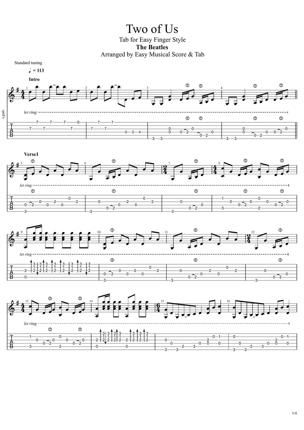 The Beatles - Two of Us (Tab for Easy Finger Style) Tab + 단선 악보 by EMST